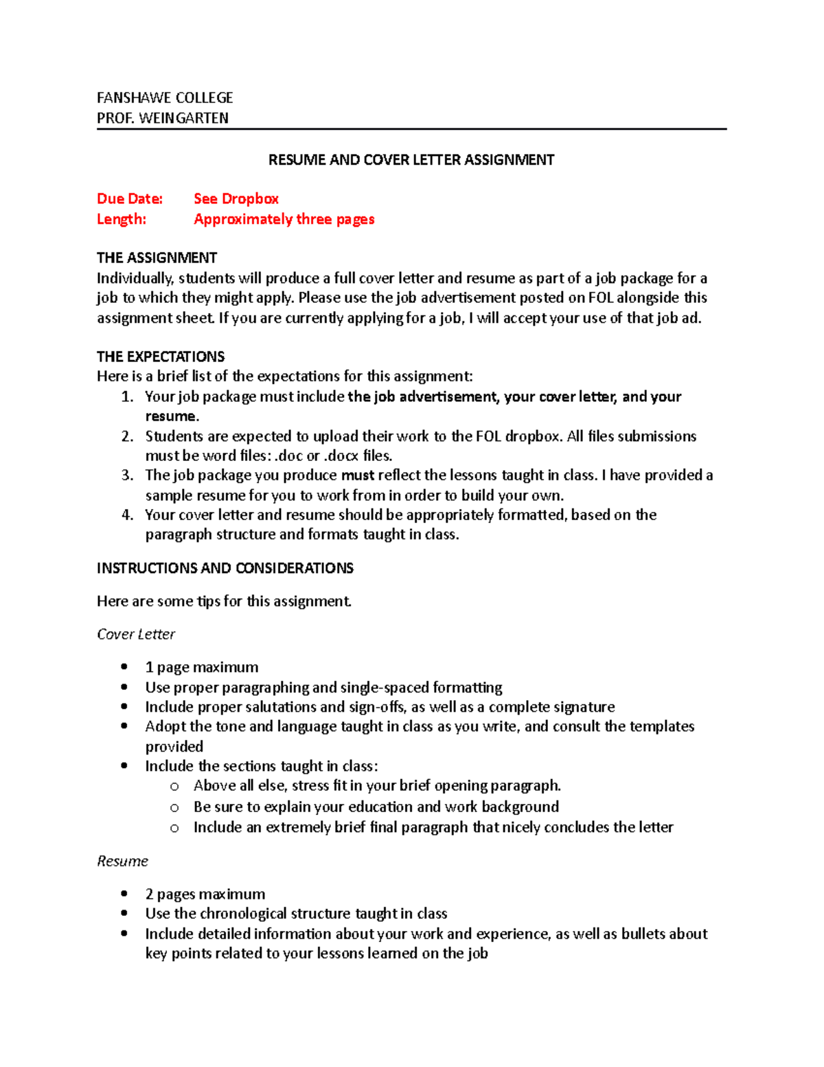Job Package Assignment - FANSHAWE COLLEGE PROF. WEINGARTEN RESUME AND ...