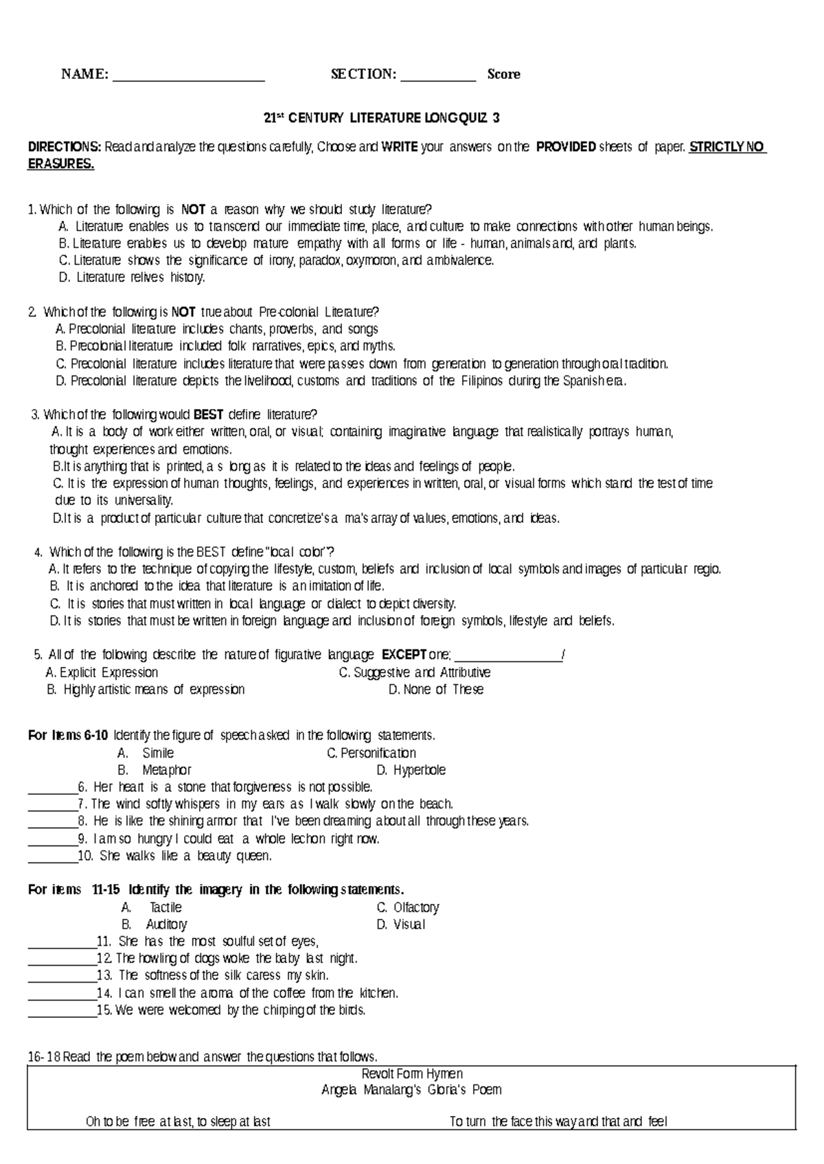1st Quarter Summative 21st - NAME: ______________________ SECTION ...