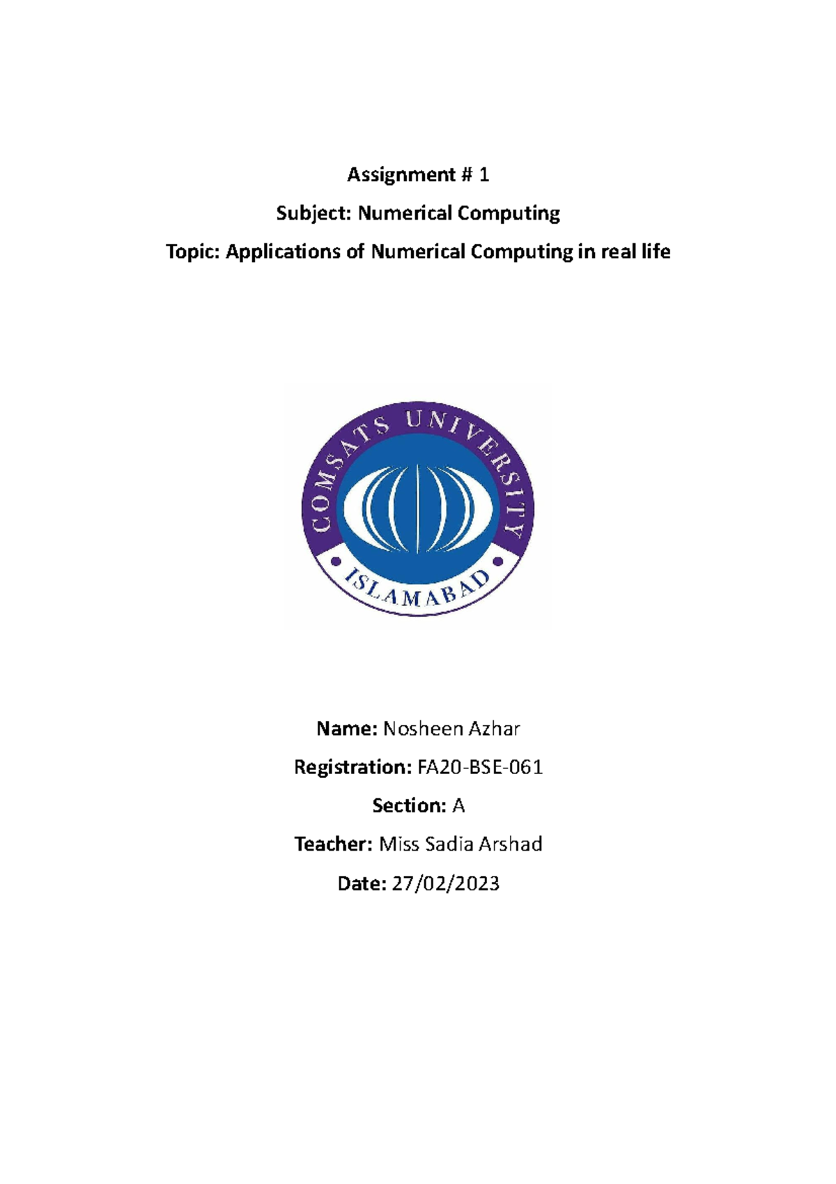 Numarical Computing(FA20-BSE-061) - Assignment # 1 Subject: Numerical Computing Topic ...