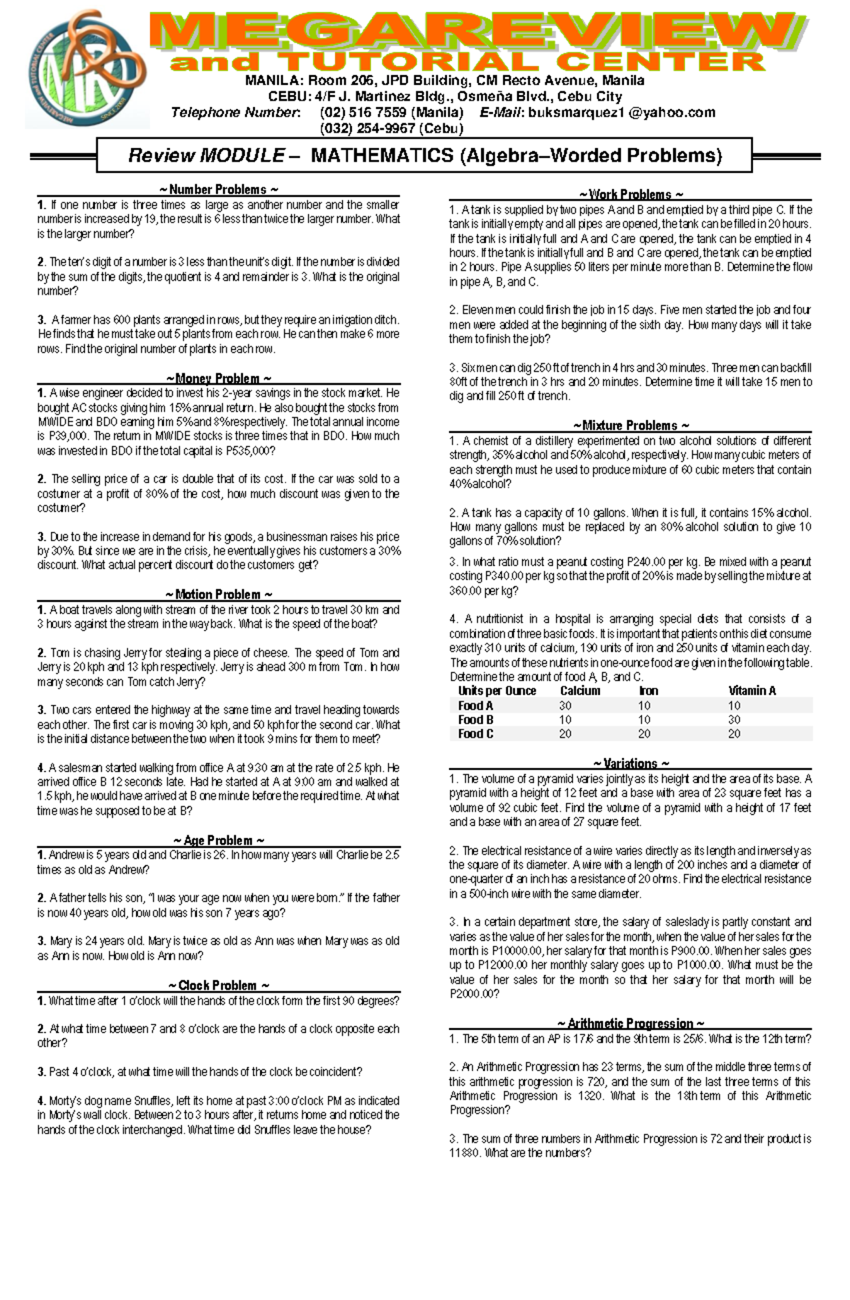 Mathematics Algebra Worded Problems Review Module - MANILA: Room 206 ...