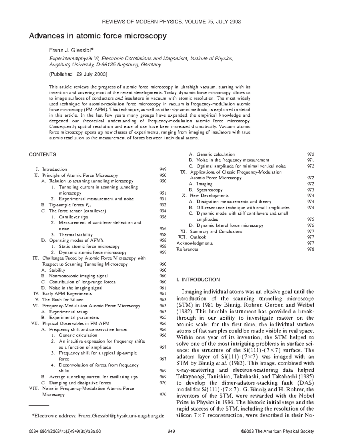 Rev Mod Phys - NADAA - ####### Advances in atomic force microscopy Franz J. Giessibl* - Studocu