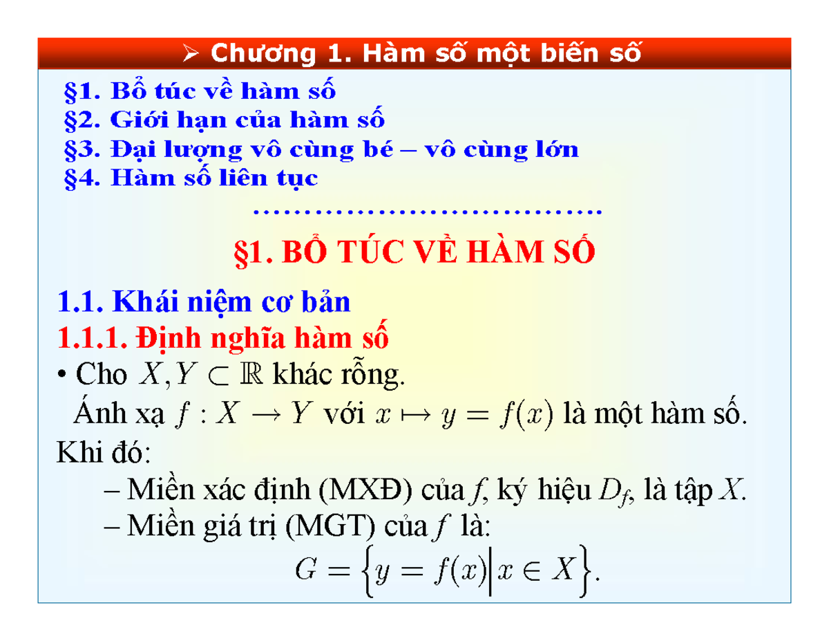 Ôn tập hàm một biến (hàm số, giới hạn, VCB-VCL, tính liên tục) - §1. Bổ ...