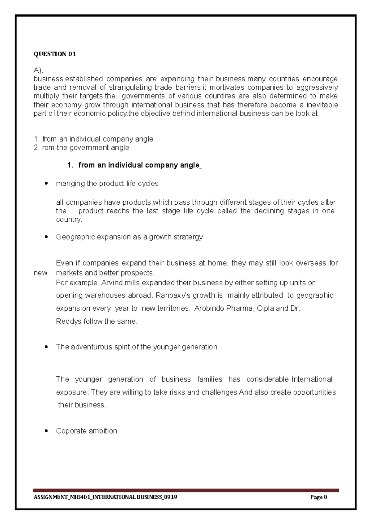 International Business - QUESTION 01 A). business companies are ...