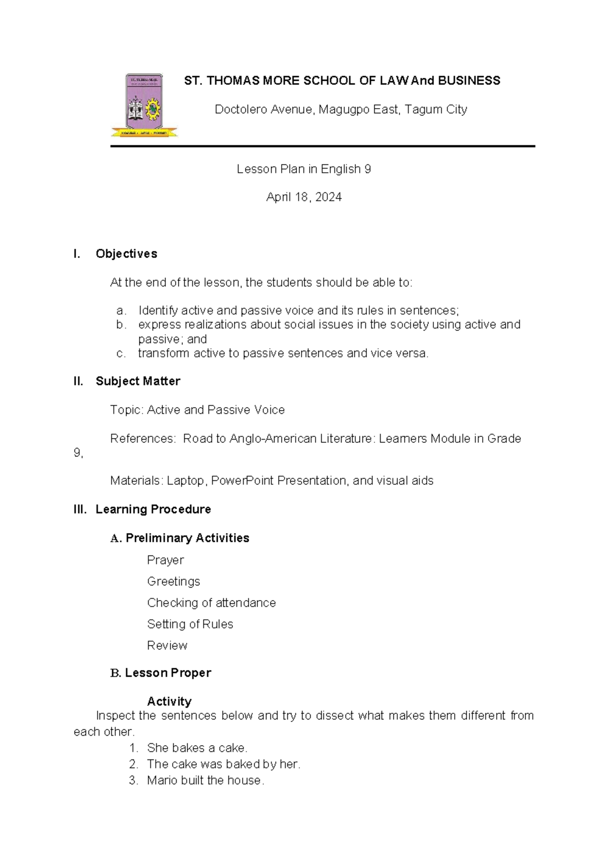 Active & passive lp - lesson plan - ST. THOMAS MORE SCHOOL OF LAW And ...