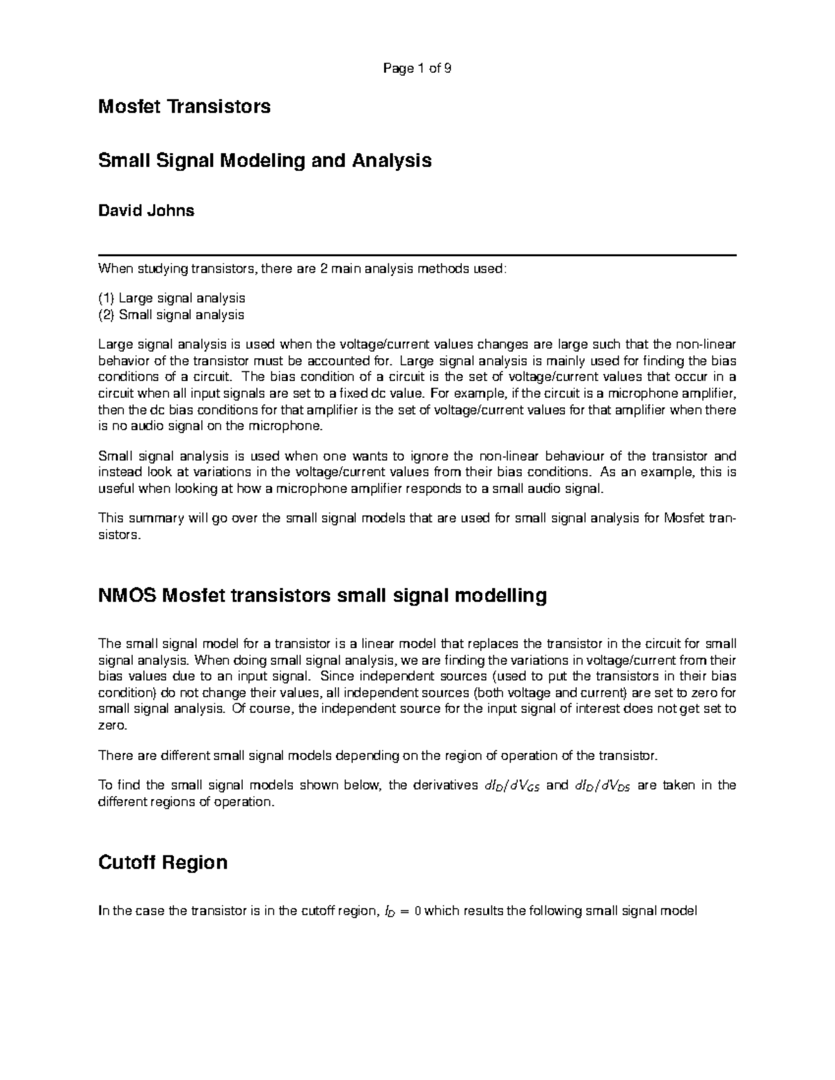 Small Signal Mod - Notes - Mosfet Transistors Small Signal Modeling and ...