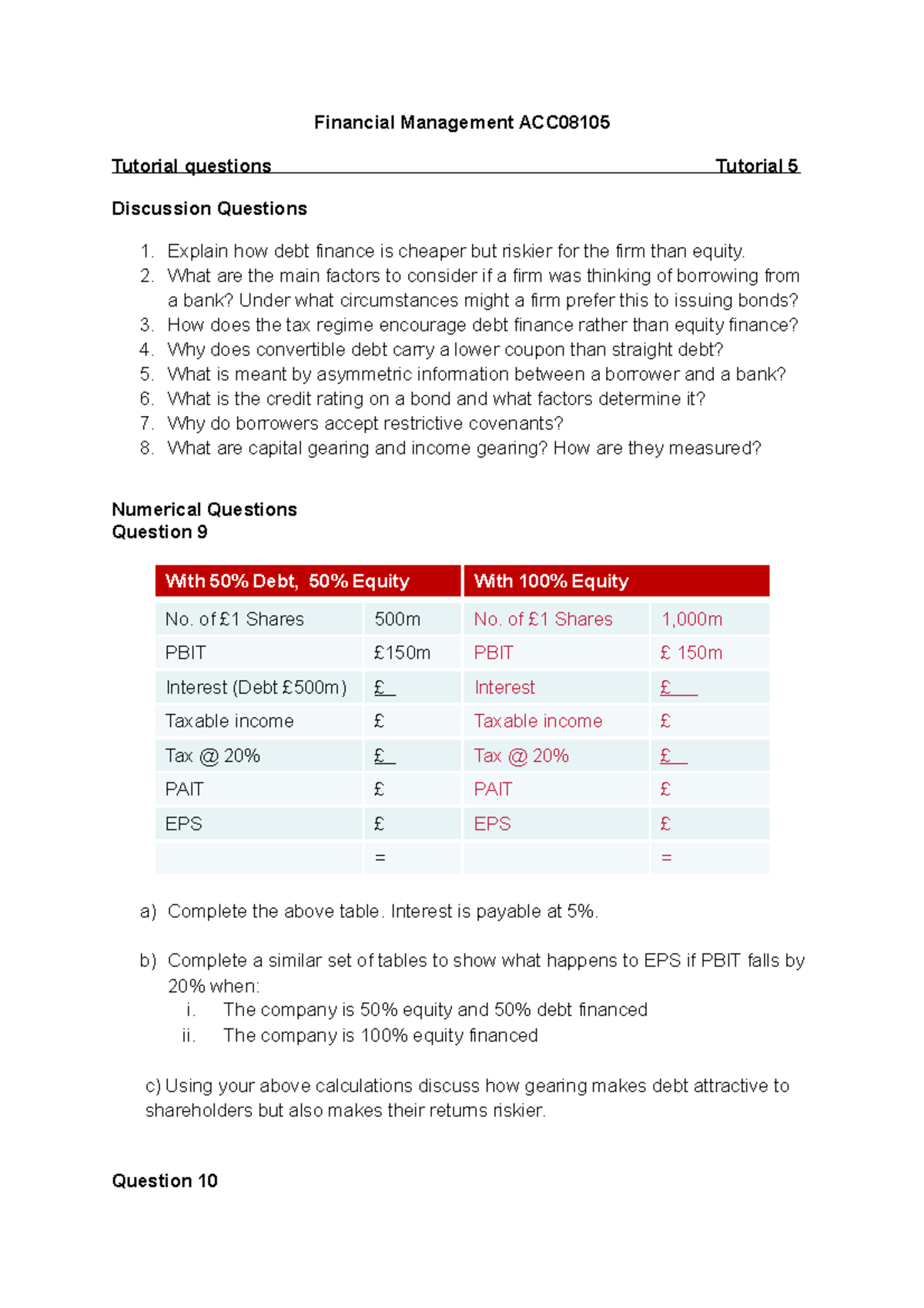 Debt tutorial - Financial Management ACC Tutorial questions Tutorial 5 ...