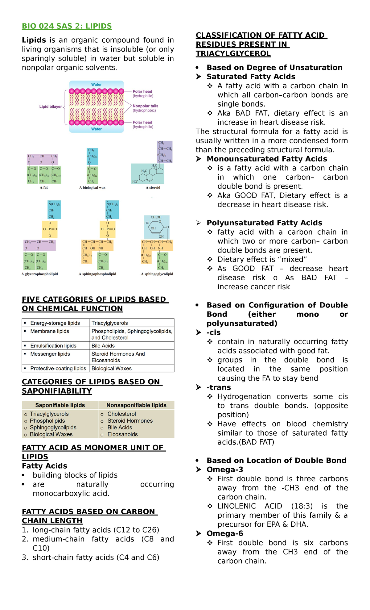 BIO 024 SAS 2 - Lipids - BIO 024 SAS 2: LIPIDS Lipids is an organic ...