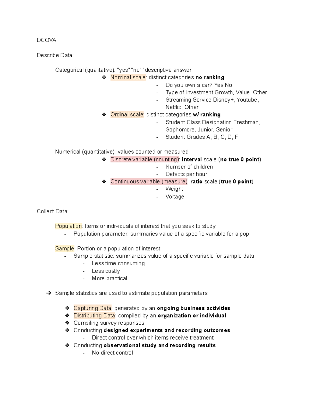 MGMT 2262 Notes - Describing, Collecting, and Organizing Data - DCOVA ...