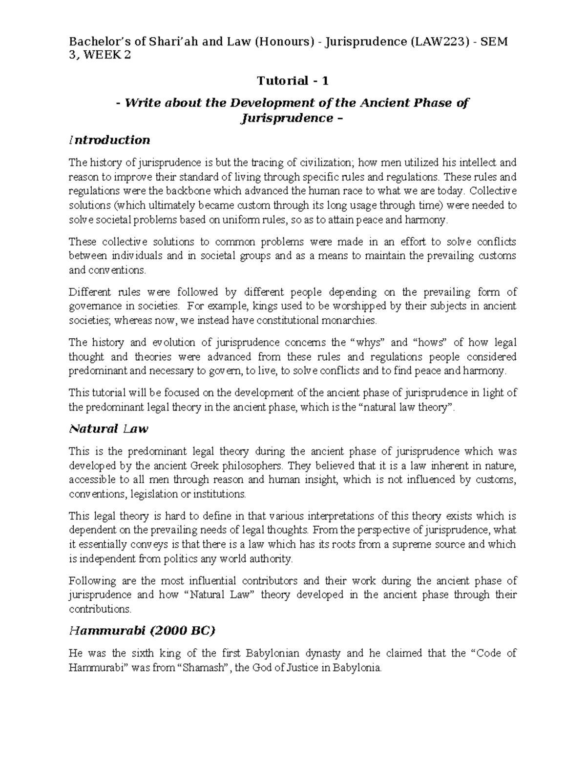 Tutorial 1 - ancient phase of jurisprudence (natural law theory) - 3, WEEK 2 Tutorial - 1 Write ...