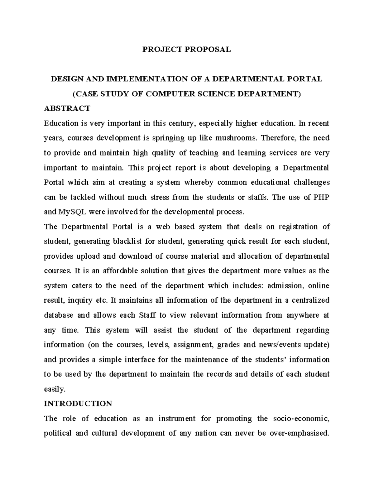 Design AND Implementation OF A Departmental Portal - PROJECT PROPOSAL DESIGN AND IMPLEMENTATION ...