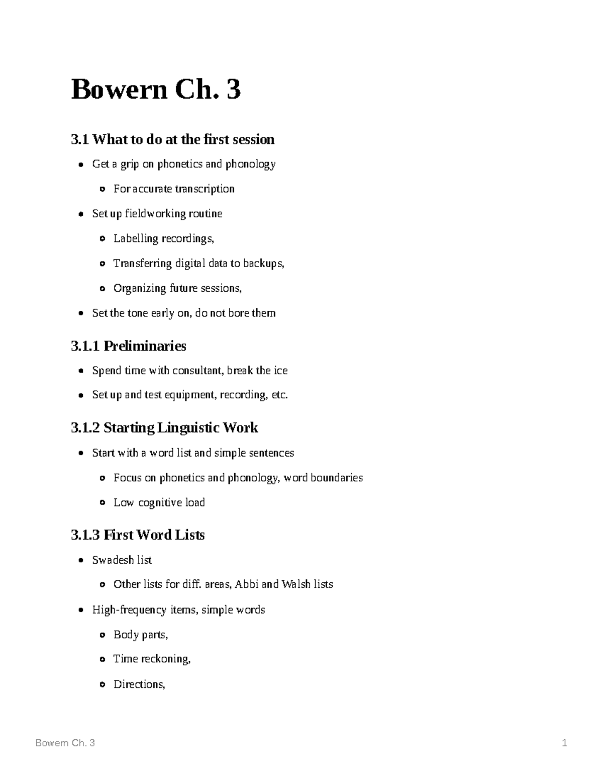 Bowern Ch. 3 Notes - Bowern Ch. 3 3 What to do at the first session Get ...