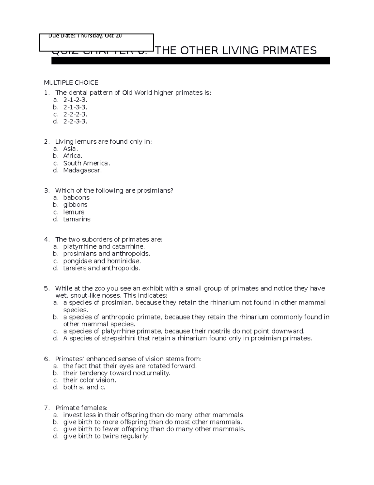 Quiz Chapter 6 - Lecture notes - QUIZ CHAPTER 6: THE OTHER LIVING ...