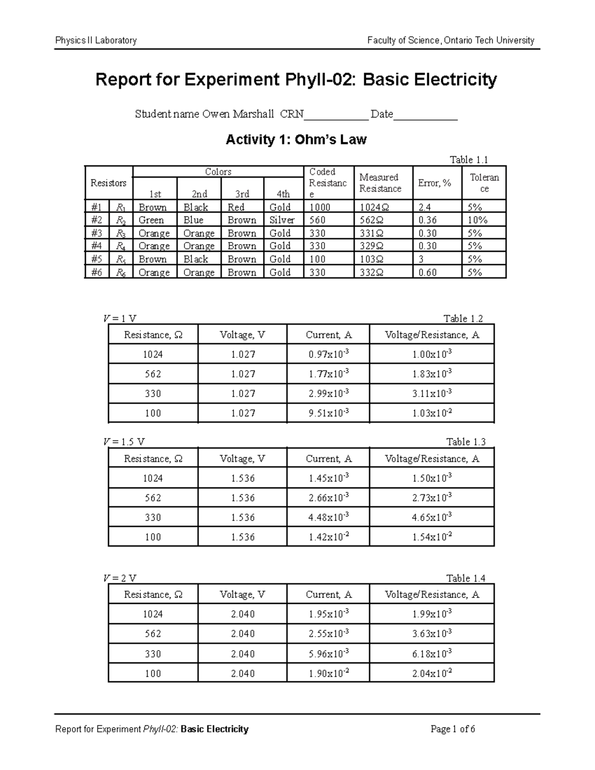 Lab 2 Report Basic Electricity - Report for Experiment PhyII-02: Basic ...