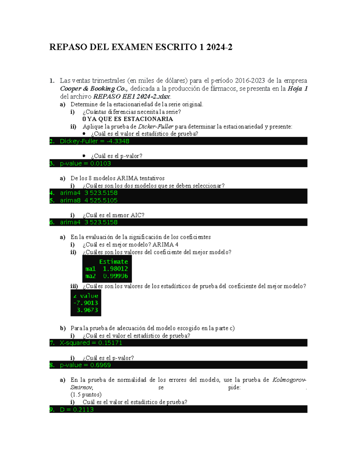 Repaso EE1 2024-2 - preparación - REPASO DEL EXAMEN ESCRITO 1 2024- 1. Las ventas trimestrales ...