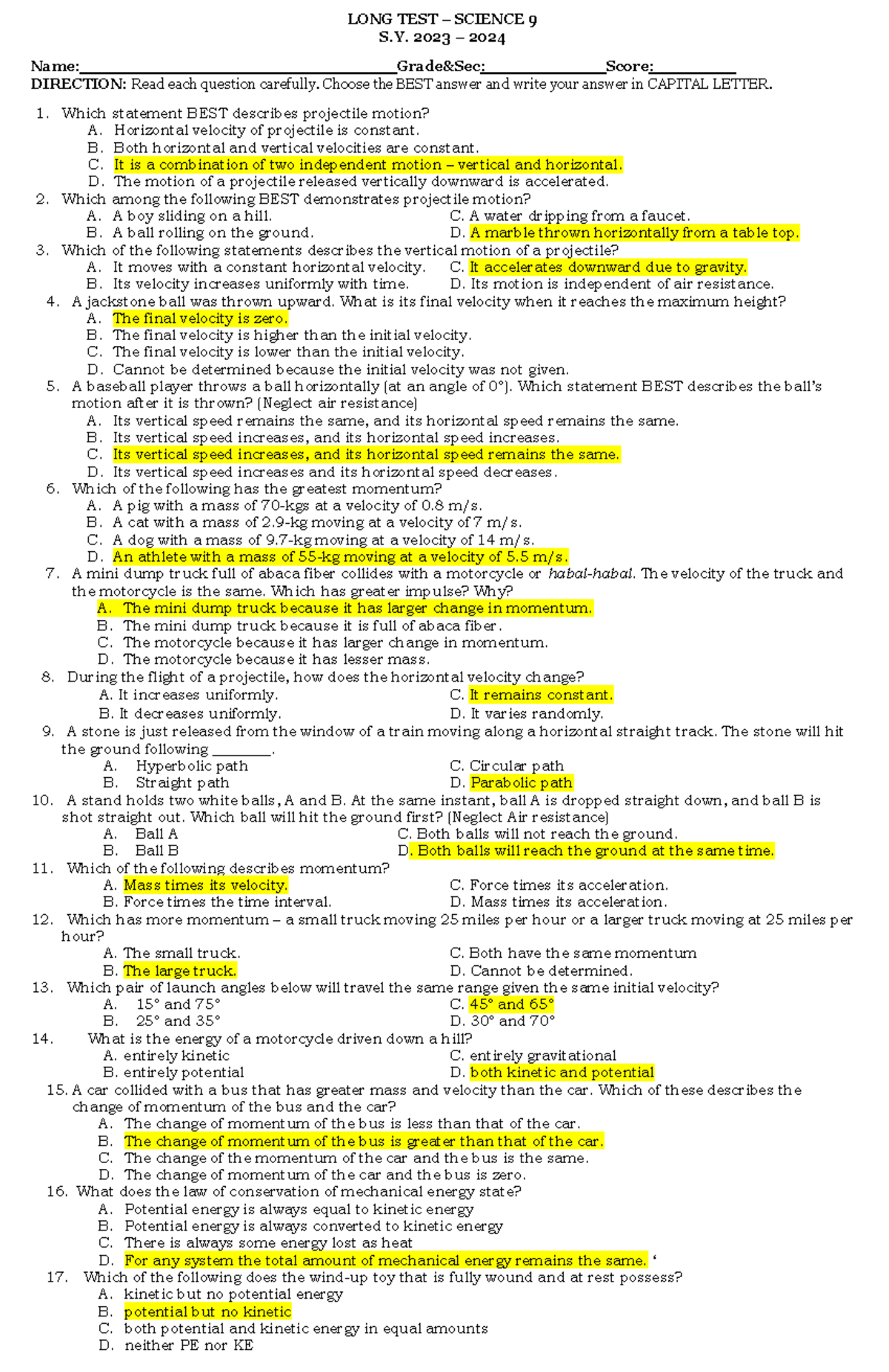 Long-Test - Yes - LONG TEST – SCIENCE 9 S. 2023 – 2024 Name: Grade&Sec ...