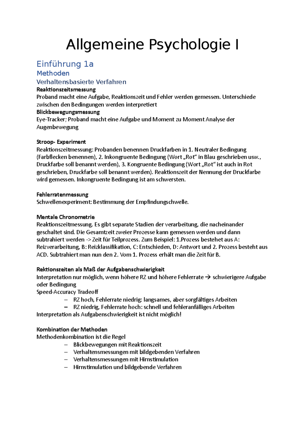 Zusammenfasung Allgemeine Psychologie 1 - Allgemeine Psychologie I Einführung 1a Methoden - Studocu