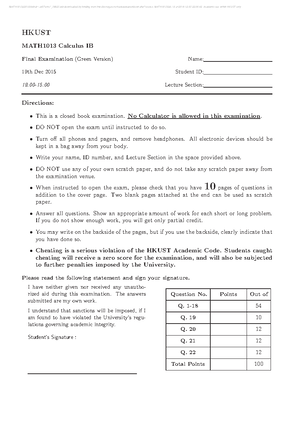 MATH 1013 Exam Paper - HKUST MATH1013 Calculus IB Midterm Examination ...