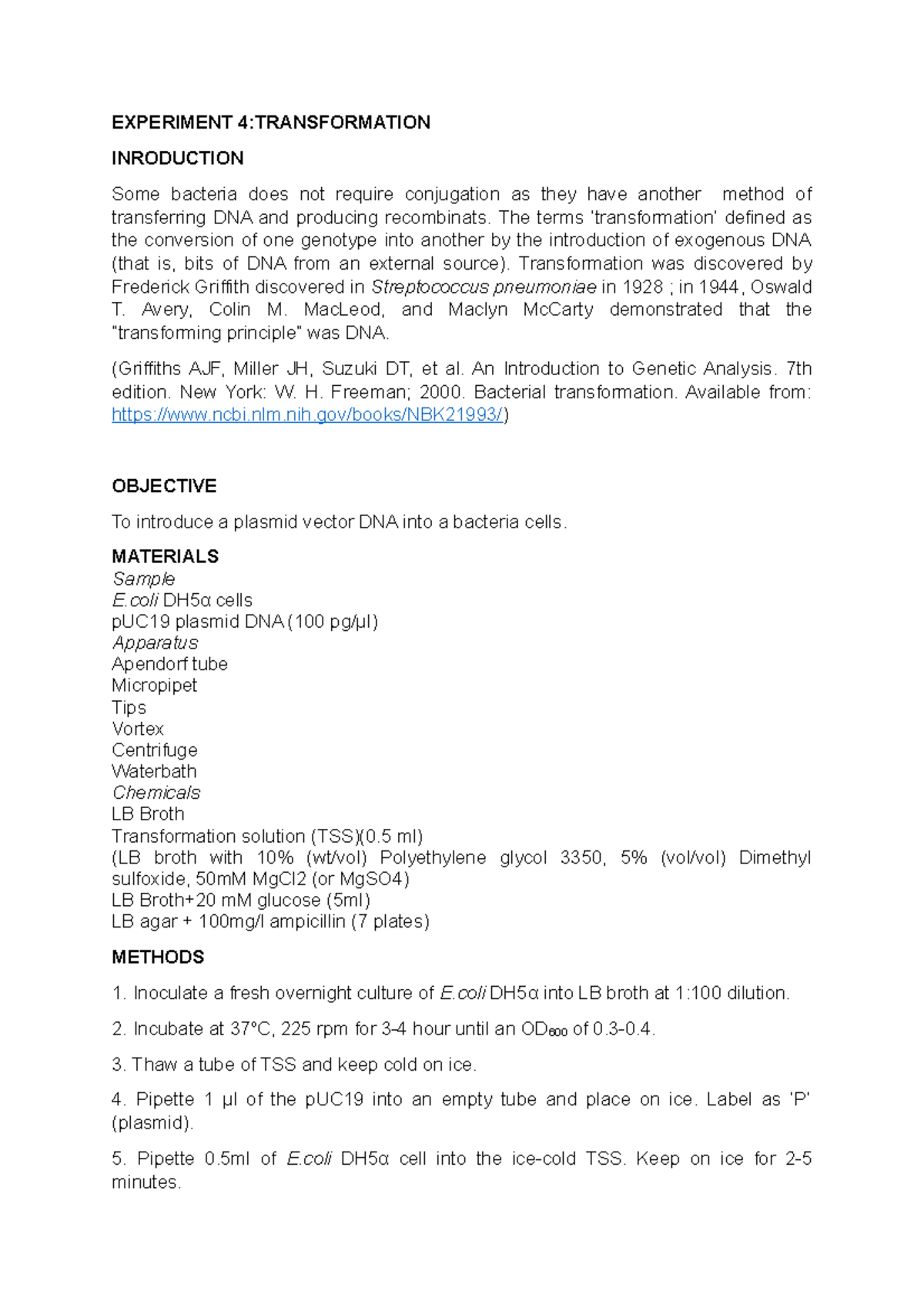 Experiment 4 Biomol - EXPERIMENT 4:TRANSFORMATION INRODUCTION Some ...