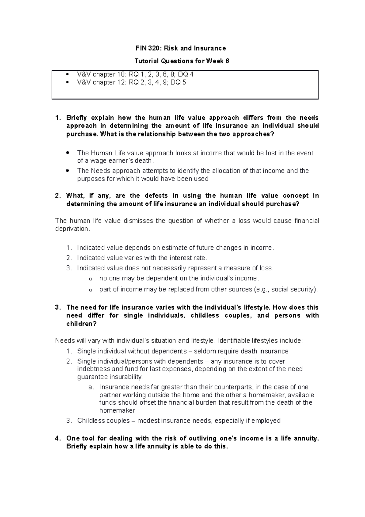 Tutorial Questions - Week 6 (Lecture 5) FIN320 - FIN 320: Risk and Insurance Tutorial Questions ...