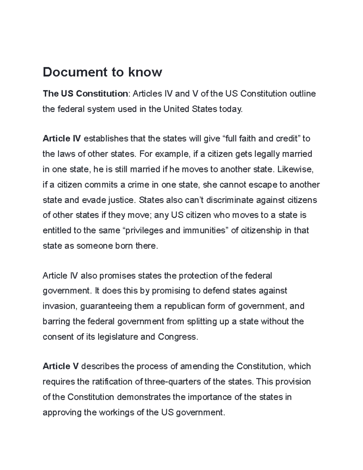 Document to know - Document to know The US Constitution: Articles IV ...