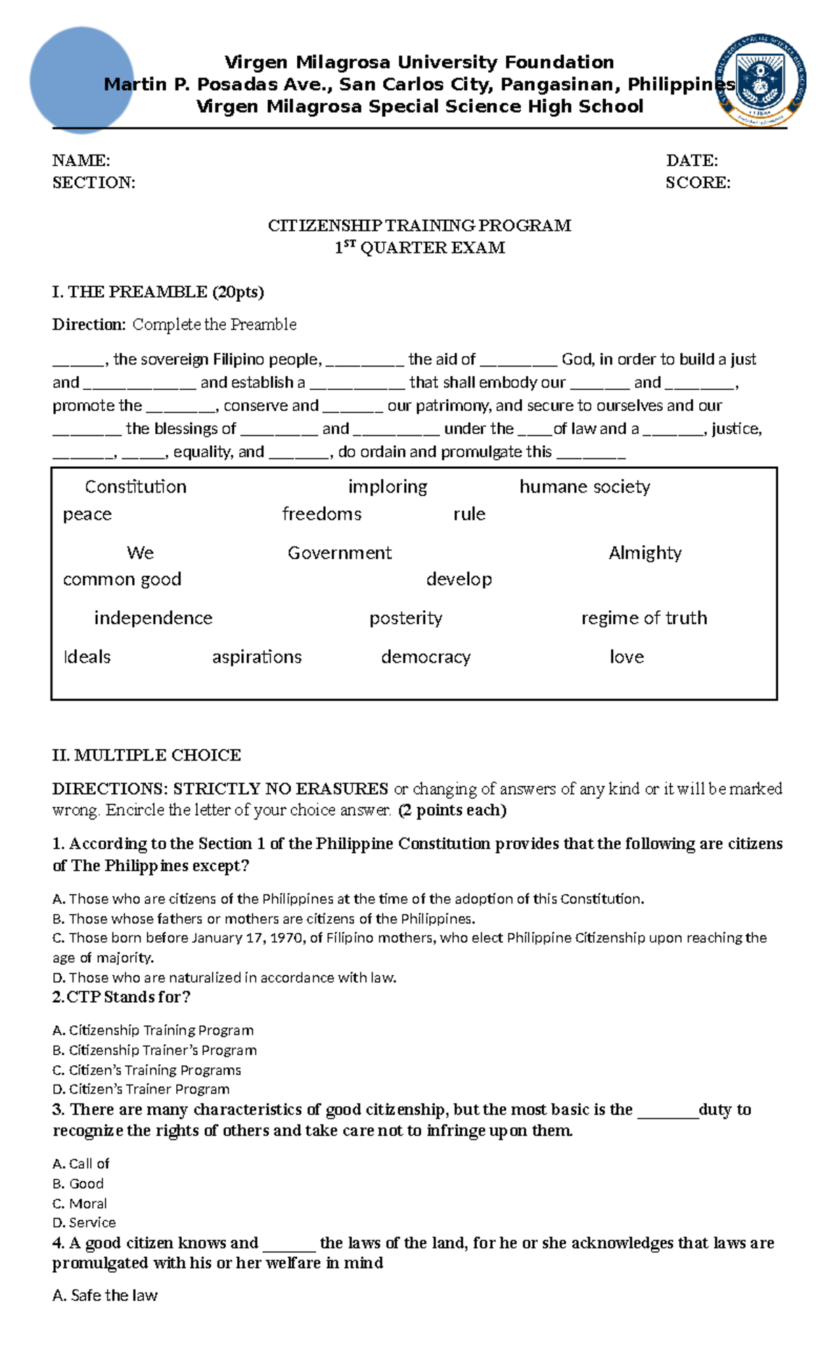 CTP EXAM - Virgen Milagrosa University Foundation Martin P. Posadas Ave ...