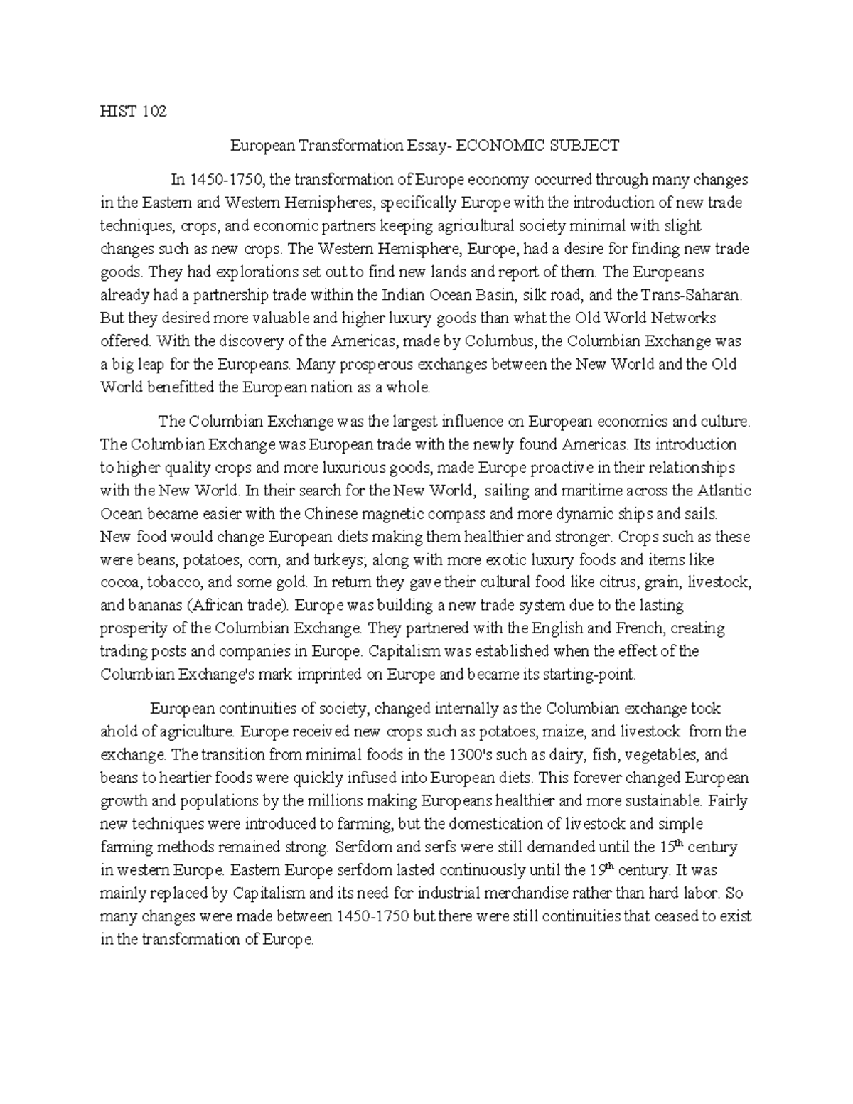 History 101 Essay- Europe'S Transformation IN Economy - HIST 102 ...