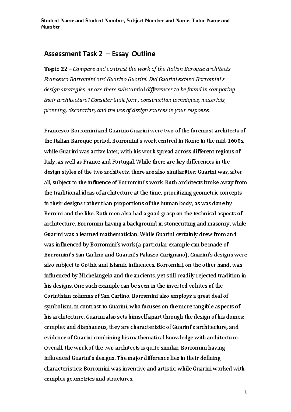 Essay Outline Example 2 - Student Name and Student Number, Subject ...