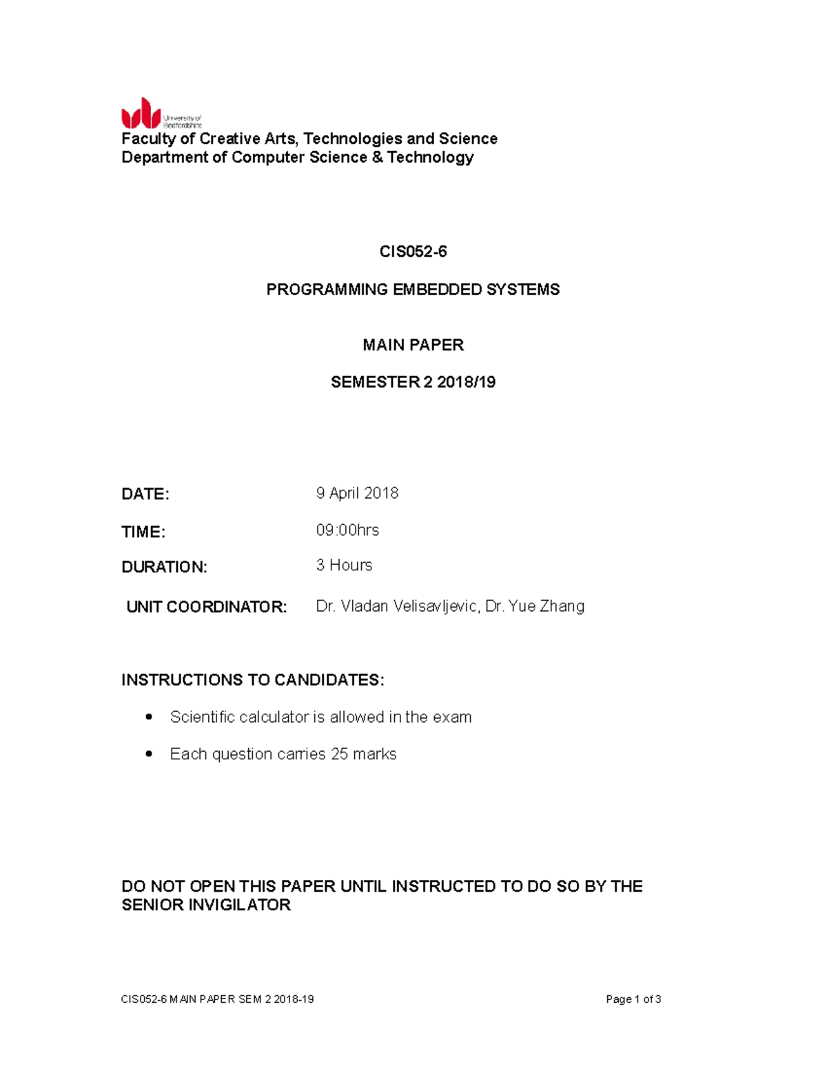 Exam 9 April 2018, questions - Faculty of Creative Arts, Technologies ...