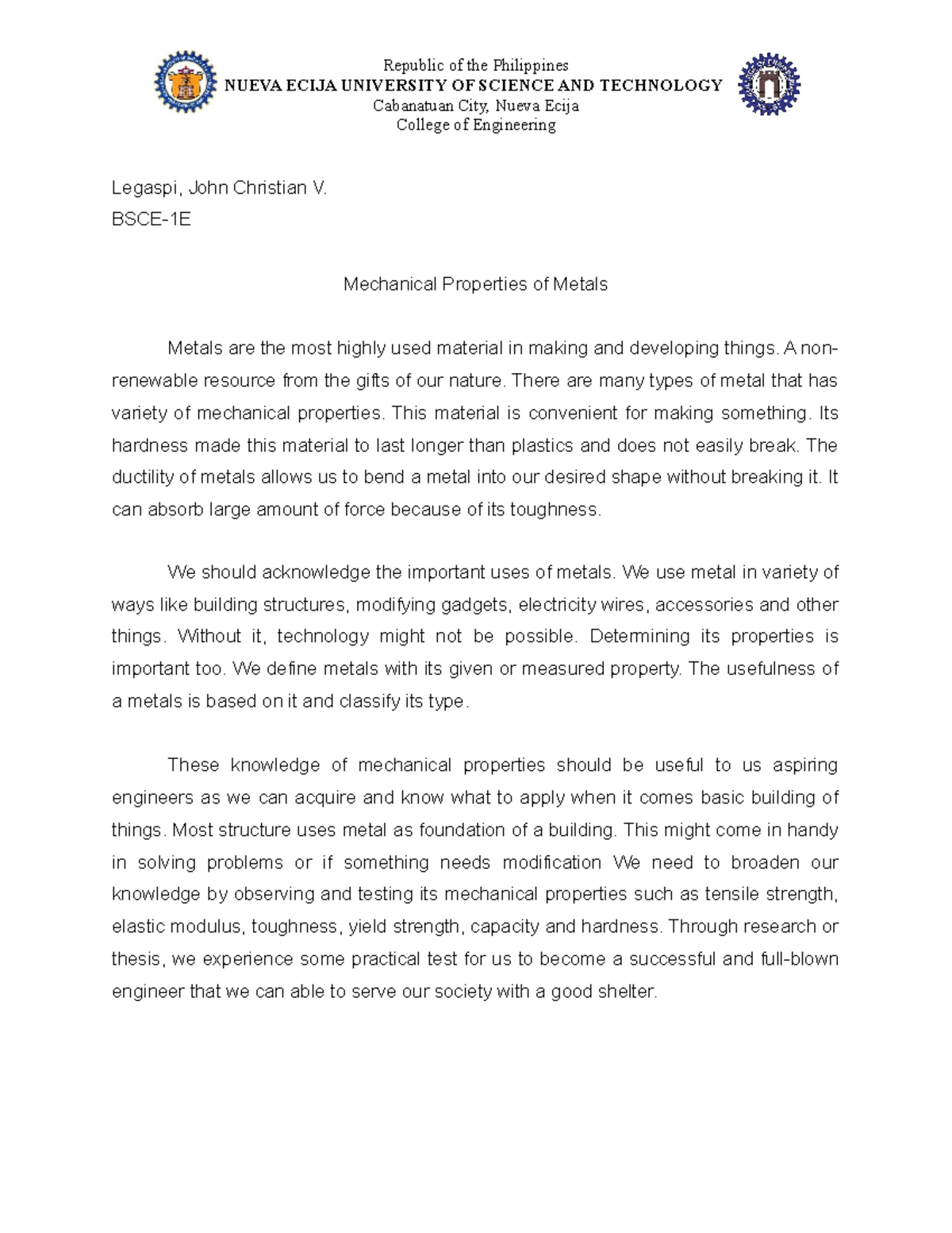 Essay about metals - Republic of the Philippines NUEVA ECIJA UNIVERSITY ...