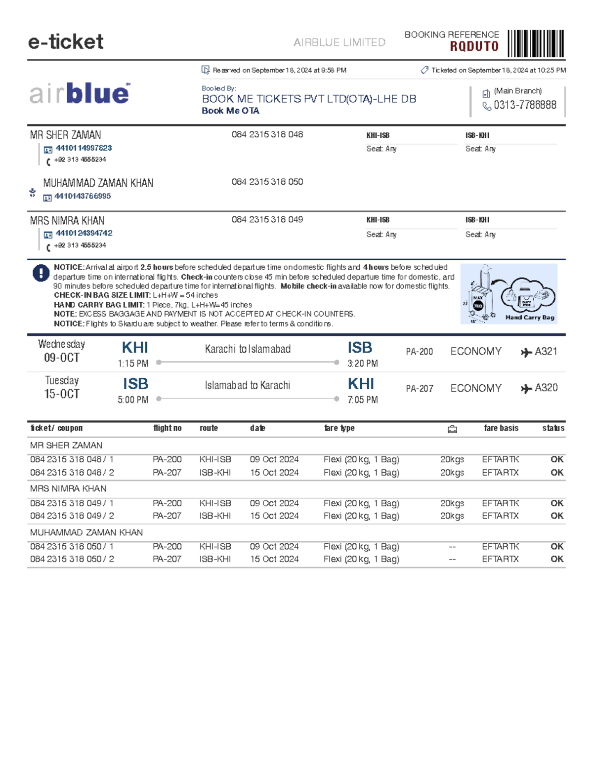 Airblue - View Reservation - e-ticket AIRBLUE LIMITED BOOKING REFERENCE ...
