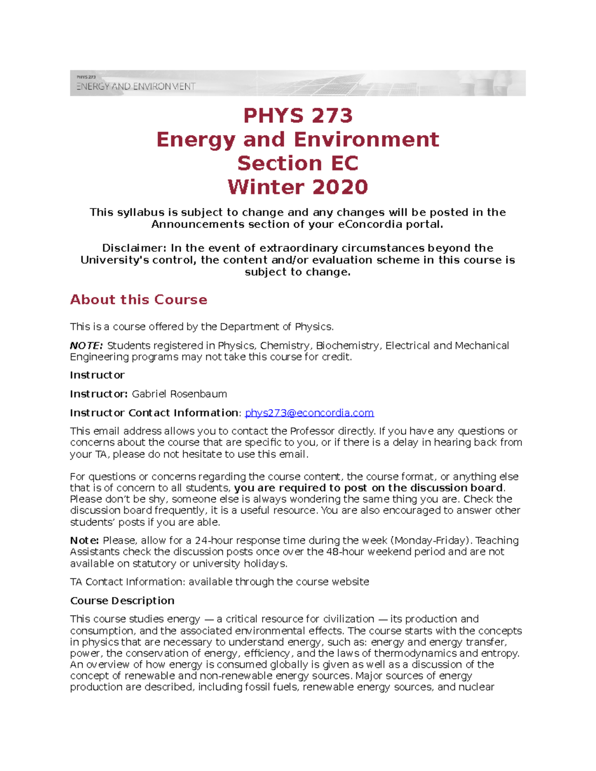 Phys 273 - PHYS 273 Energy and Environment Section EC Winter 2020 This ...