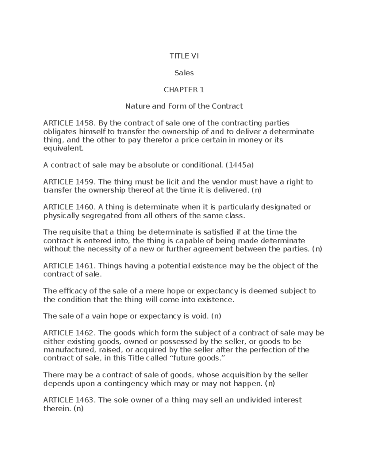 Sales - law - TITLE VI Sales CHAPTER 1 Nature and Form of the Contract ...
