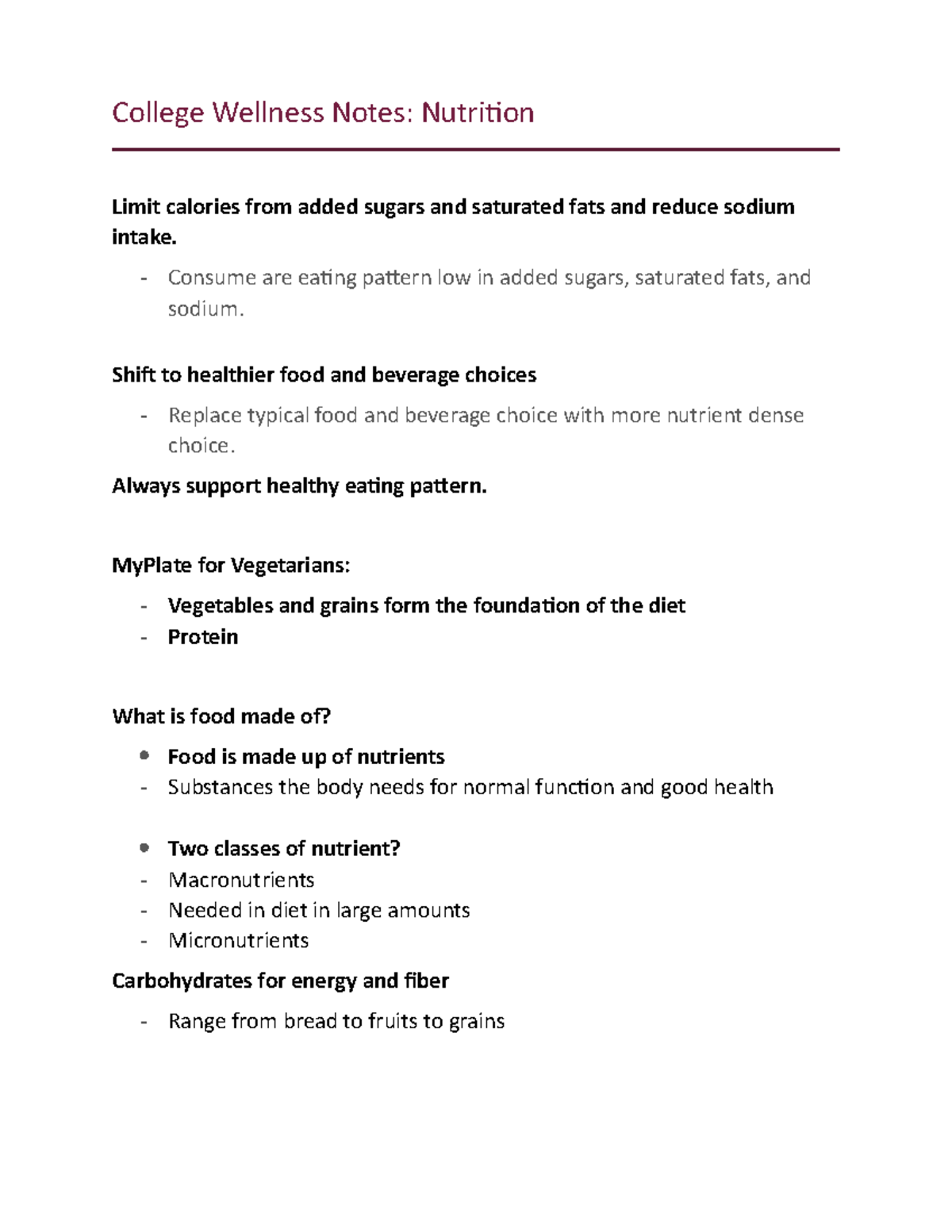 College Wellness Notes - Consume are eating pattern low in added sugars ...