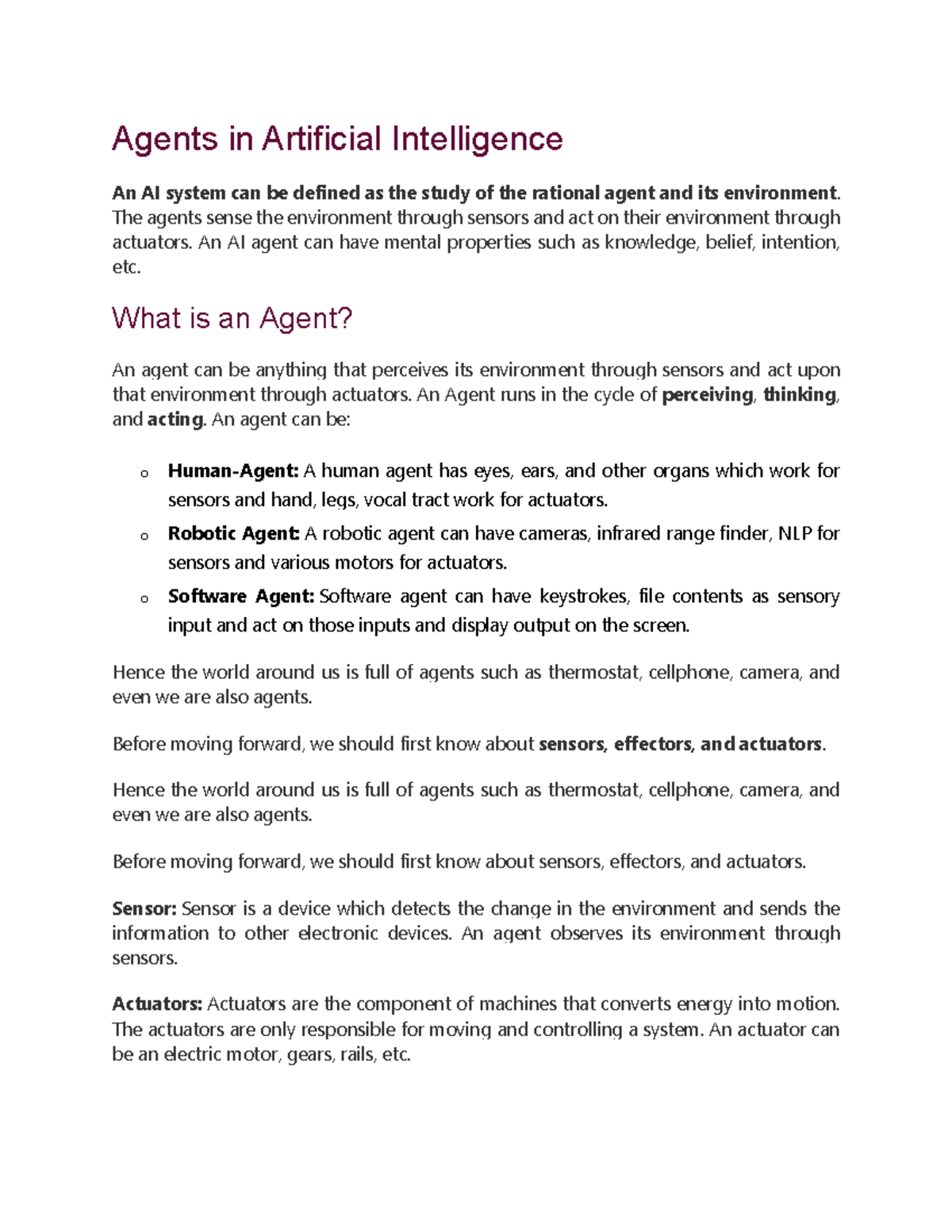 Agents - Part 1 - Agents in Artificial Intelligence An AI system can be ...