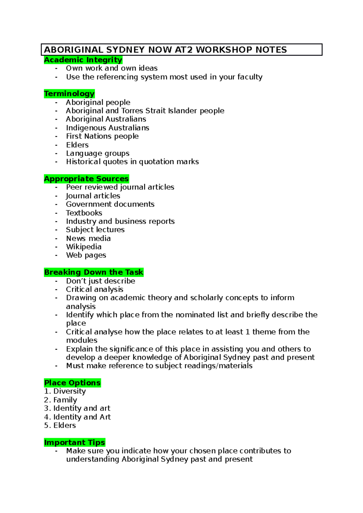 AT2 - Workshop Notes - ABORIGINAL SYDNEY NOW AT2 WORKSHOP NOTES ...