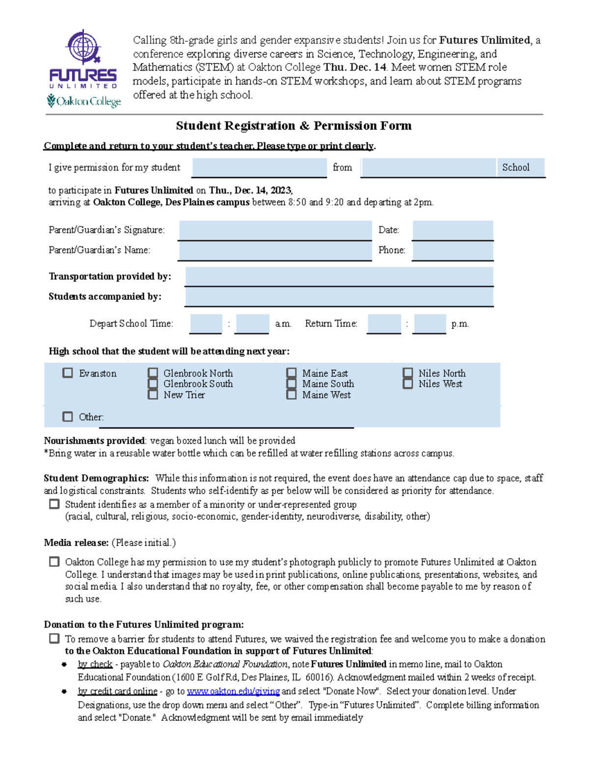 Futures Unlimited 2023 Student Registration Form - Calling 8th-grade ...