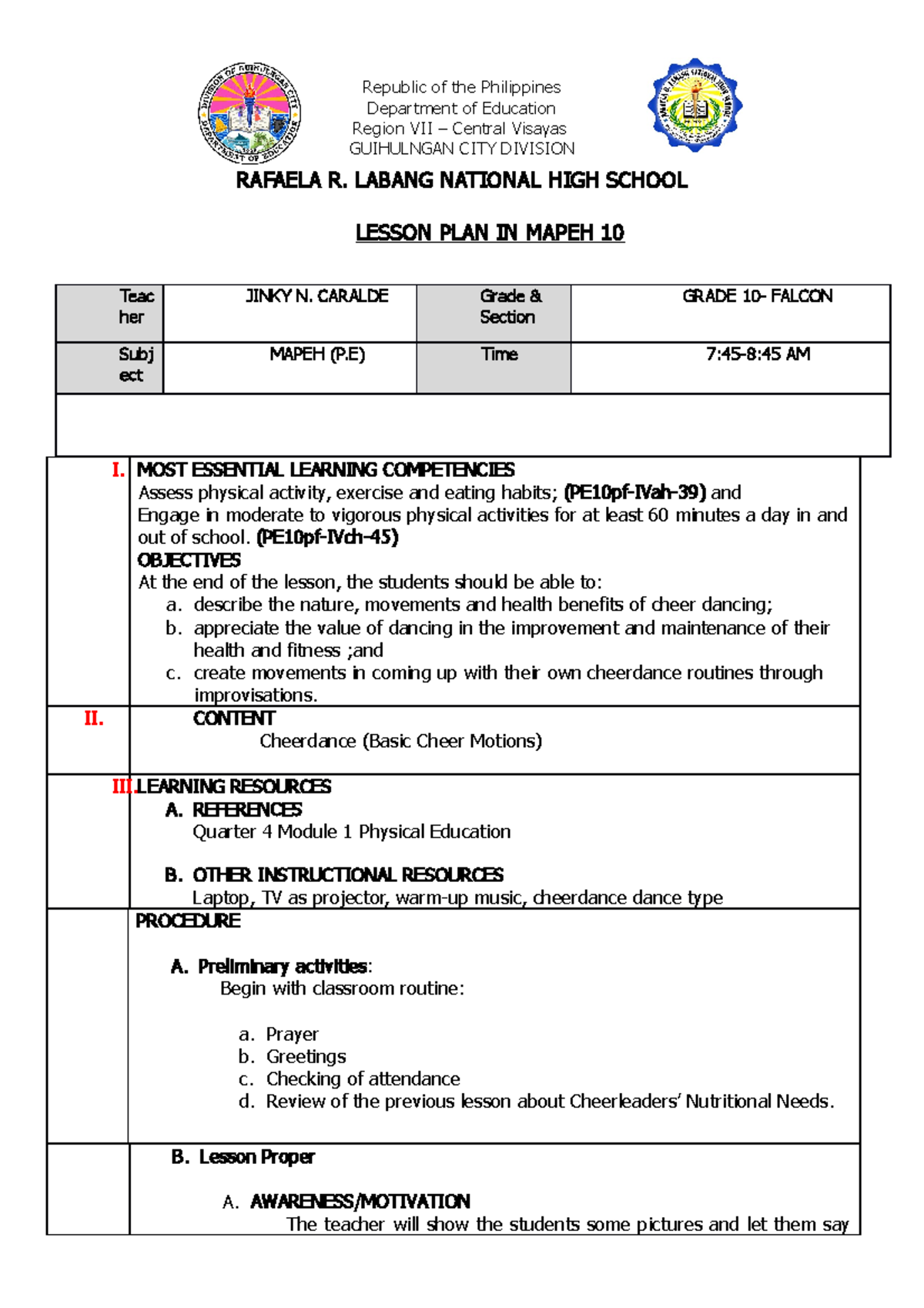 PE - 1 - Lesson Plan - Republic of the Philippines Department of ...