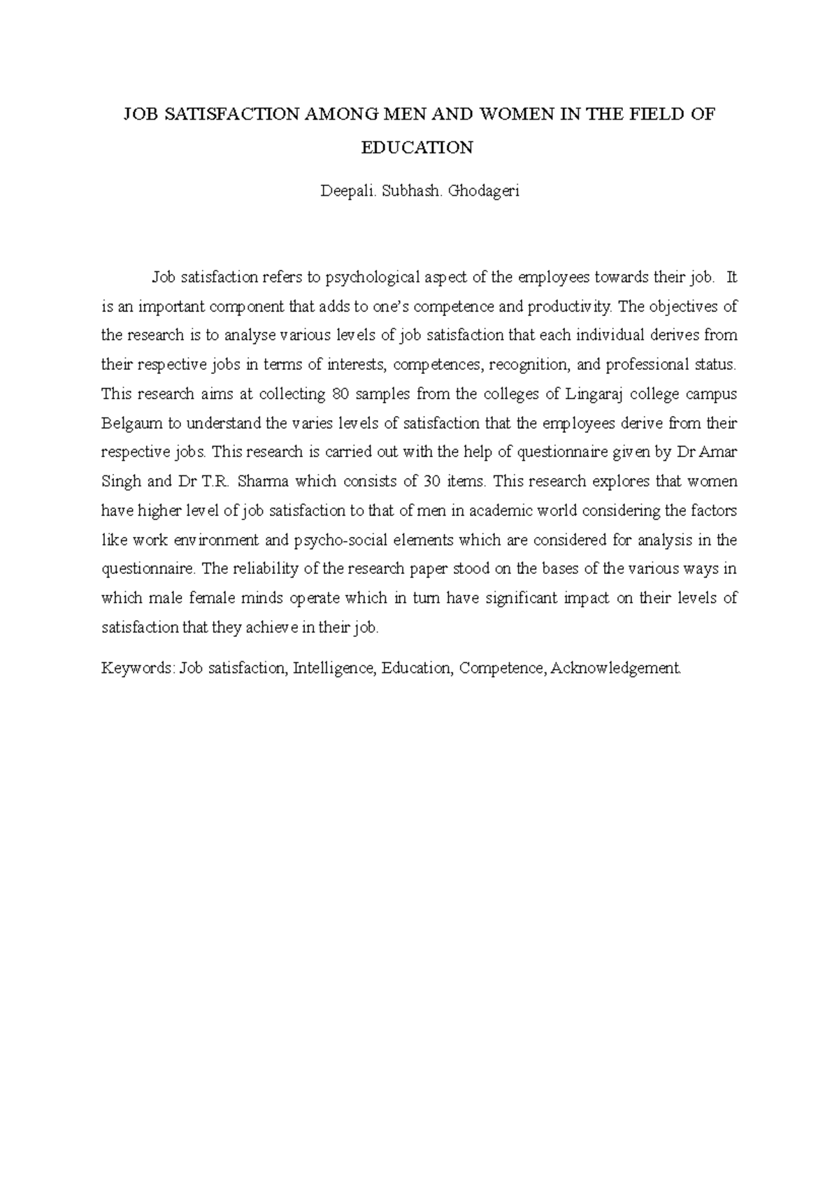 JOB Satisfaction Among MEN AND Women IN THE Field OF Education - JOB ...