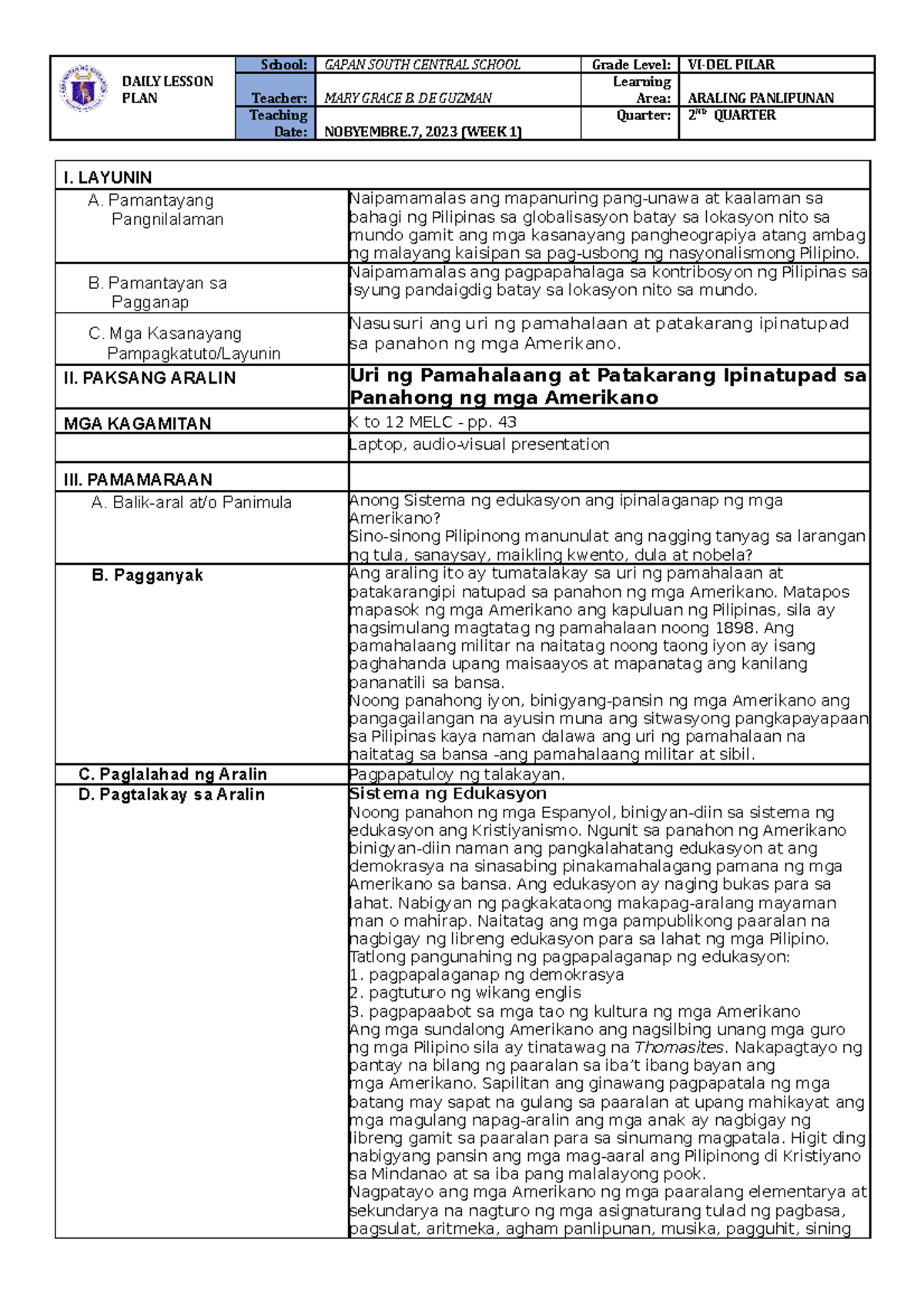 DLP APAN Q2 WK1 D2 - History - DAILY LESSON PLAN School: GAPAN SOUTH ...