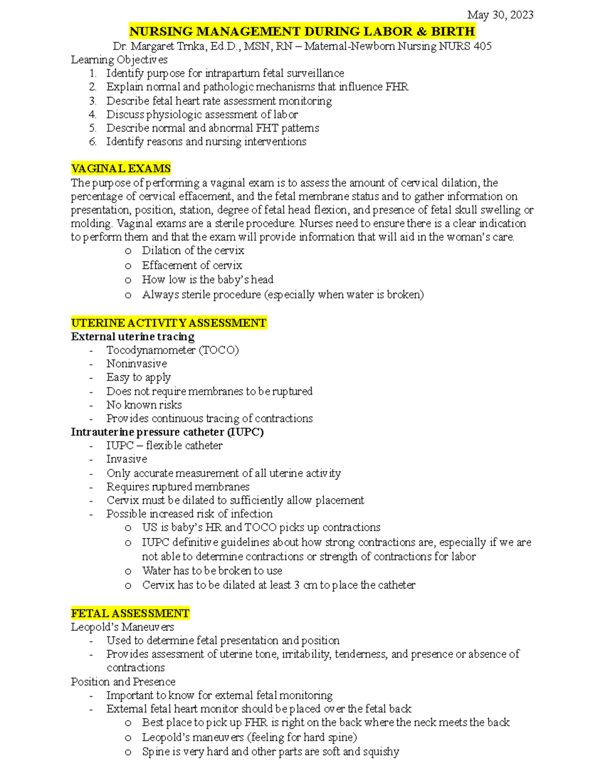 Chapter 14 - Nursing Management During Labor Lecture - NURSING ...