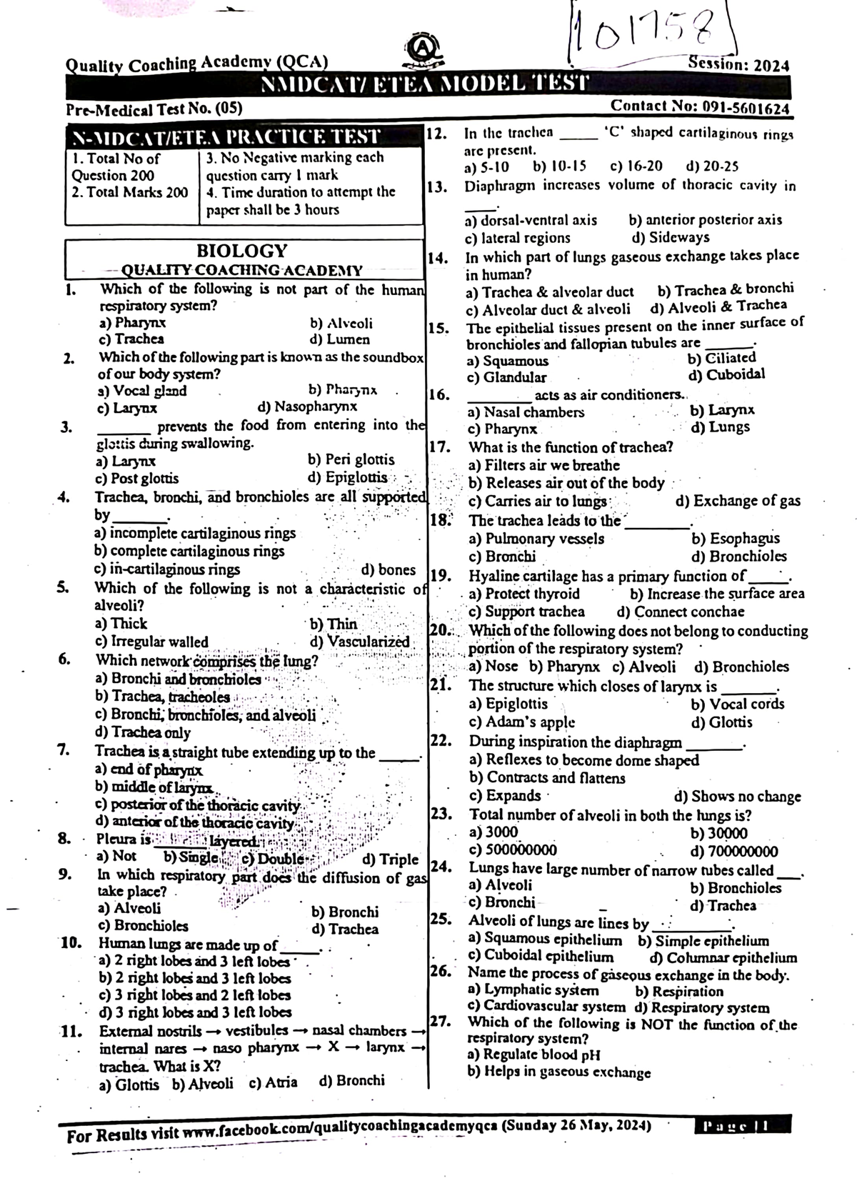 QCA Test [26 May 2024] with Key - Linear algebra - Studocu