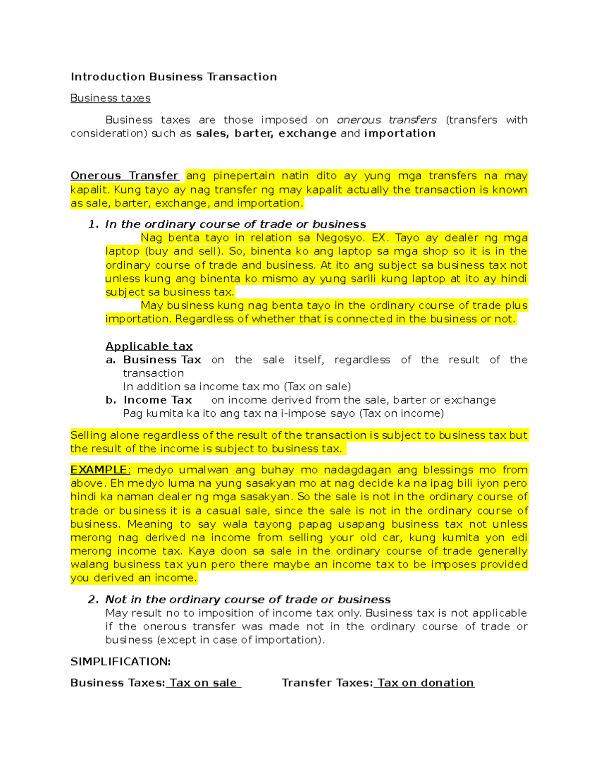 Transfer & Business Taxation Chapter 7 - Introduction Business ...