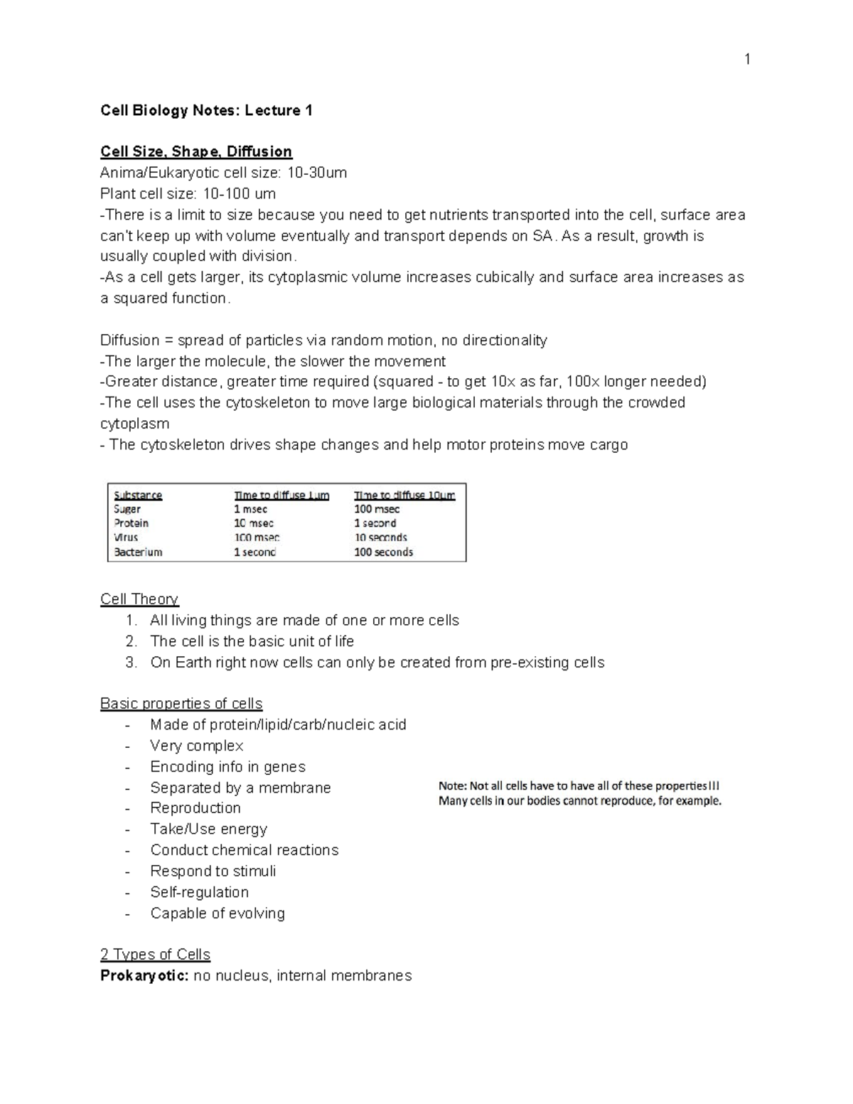 Cell Biology Class Notes - 1 Cell Biology Notes: Lecture 1 Cell Size ...