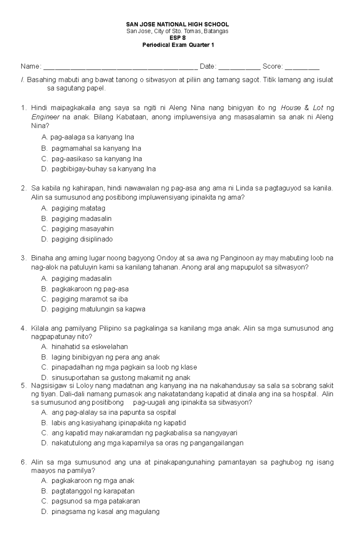 ESP 8 - Quarter 1 - multiple choice - SAN JOSE NATIONAL HIGH SCHOOL San ...