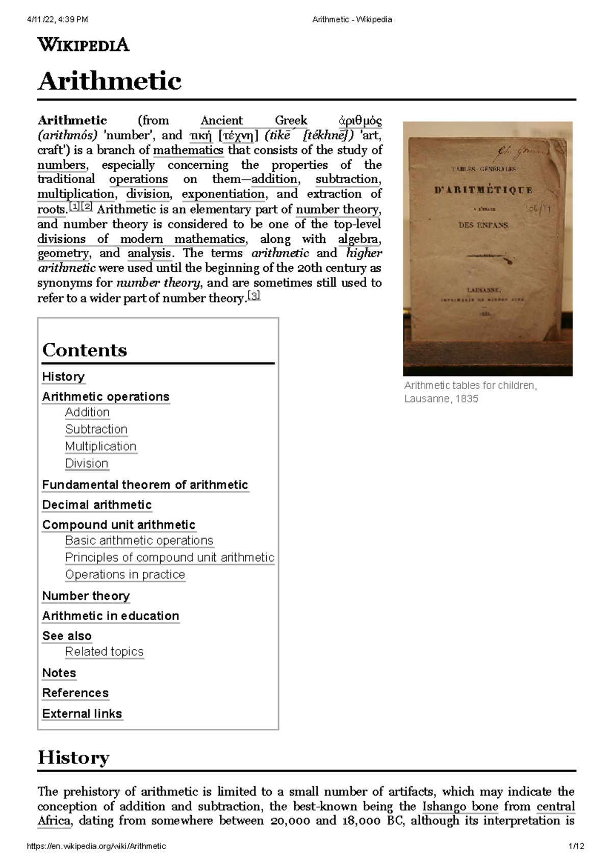 Arithmetic - Wikipedia - Arithmetic tables for children, Lausanne, 1835 ...