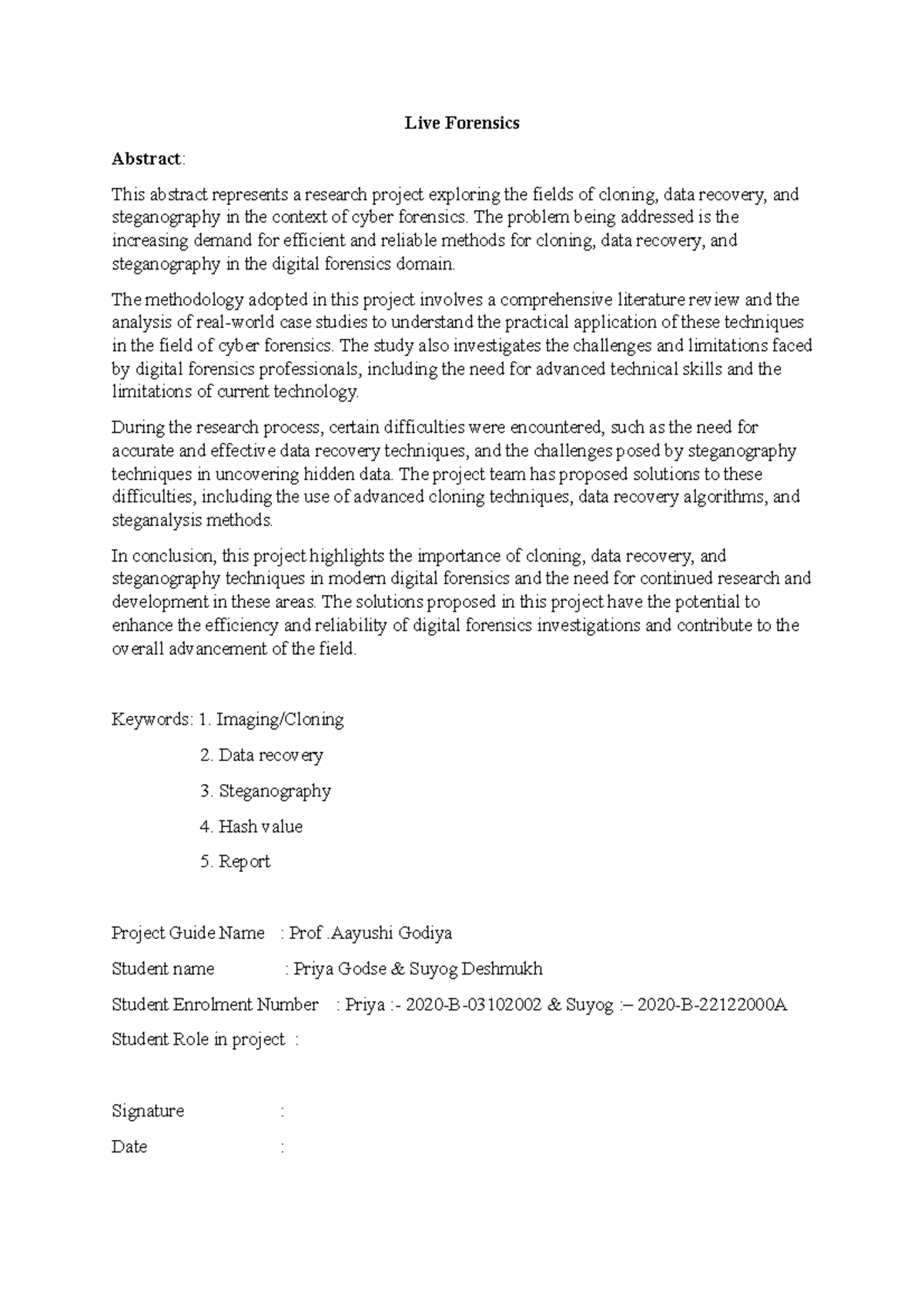 Project abstract Live Forensics - Live Forensics Abstract: This ...