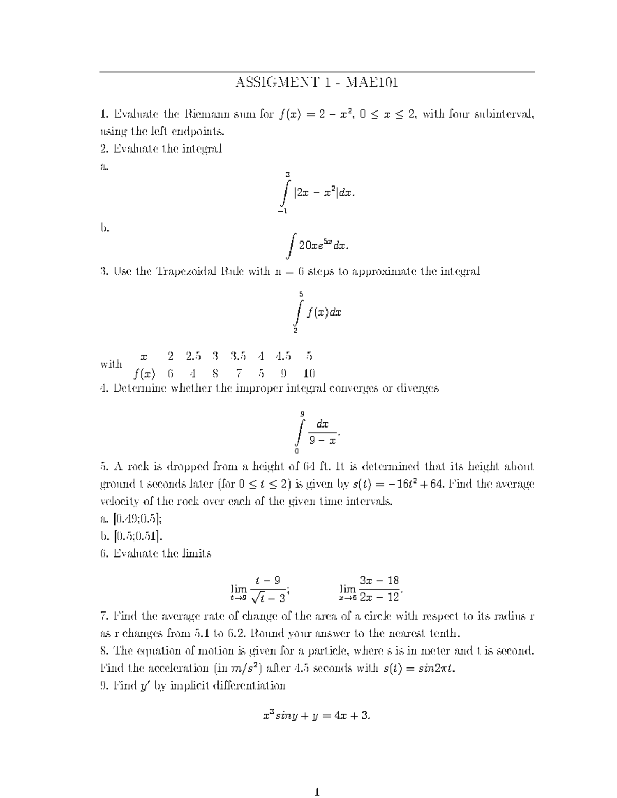 Assigment 1(MAE101) - SP2023 - t t ♠ ♥♥ s ♠ ♦r f (x) = 2 − x 2 - Studocu