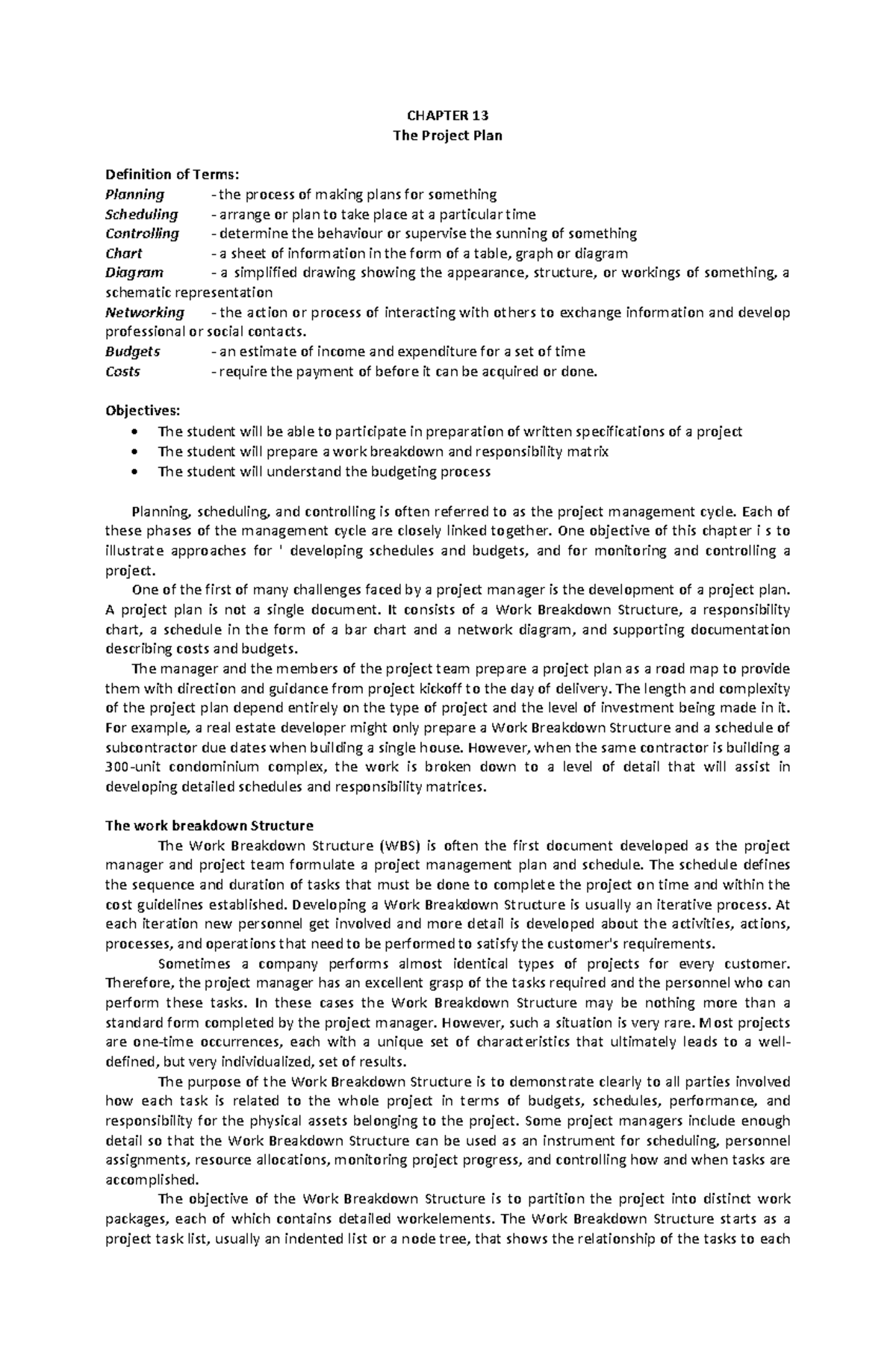 WEEK 12 - fish - CHAPTER 13 The Project Plan Definition of Terms ...
