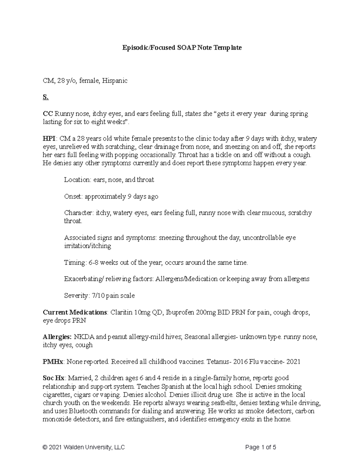 Wk5Assgn 1 Marlar S HA - ... - Episodic/Focused SOAP Note Template CM ...