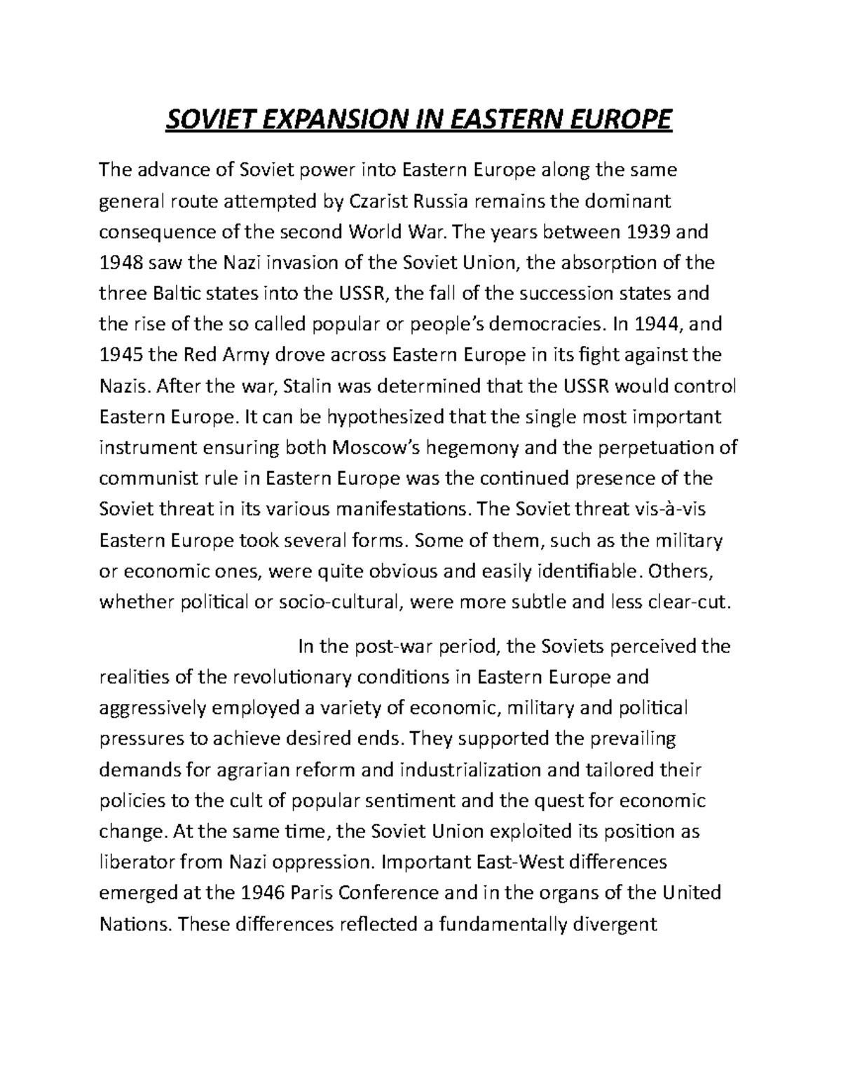 Soviet Expansion IN Eastern Europe - SOVIET EXPANSION IN EASTERN EUROPE ...